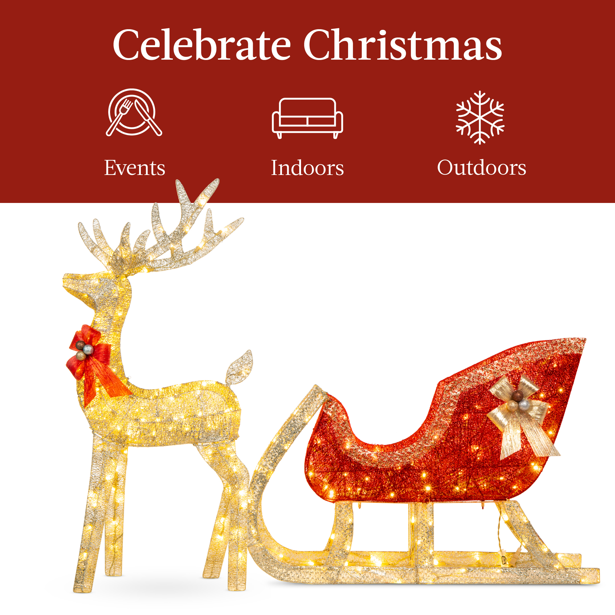 Lighted Christmas Reindeer & Sleigh Outdoor Decor Set w/ LED Lights | eBay